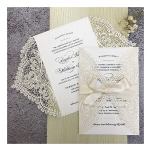 picky bride 25pcs 5x7 wedding invitations with envelopes, laser cut lace hollow with elegant ribbons, for wedding bridal shower engagement birthday party invite, ivory