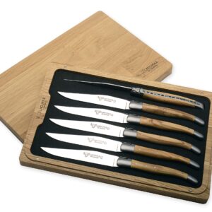 Laguiole en Aubrac Luxury Fully Forged Full Tang Stainless Steel Steak Knives 6-Piece Set with Olivewood Handle, Stainless Steel Matte Bolsters