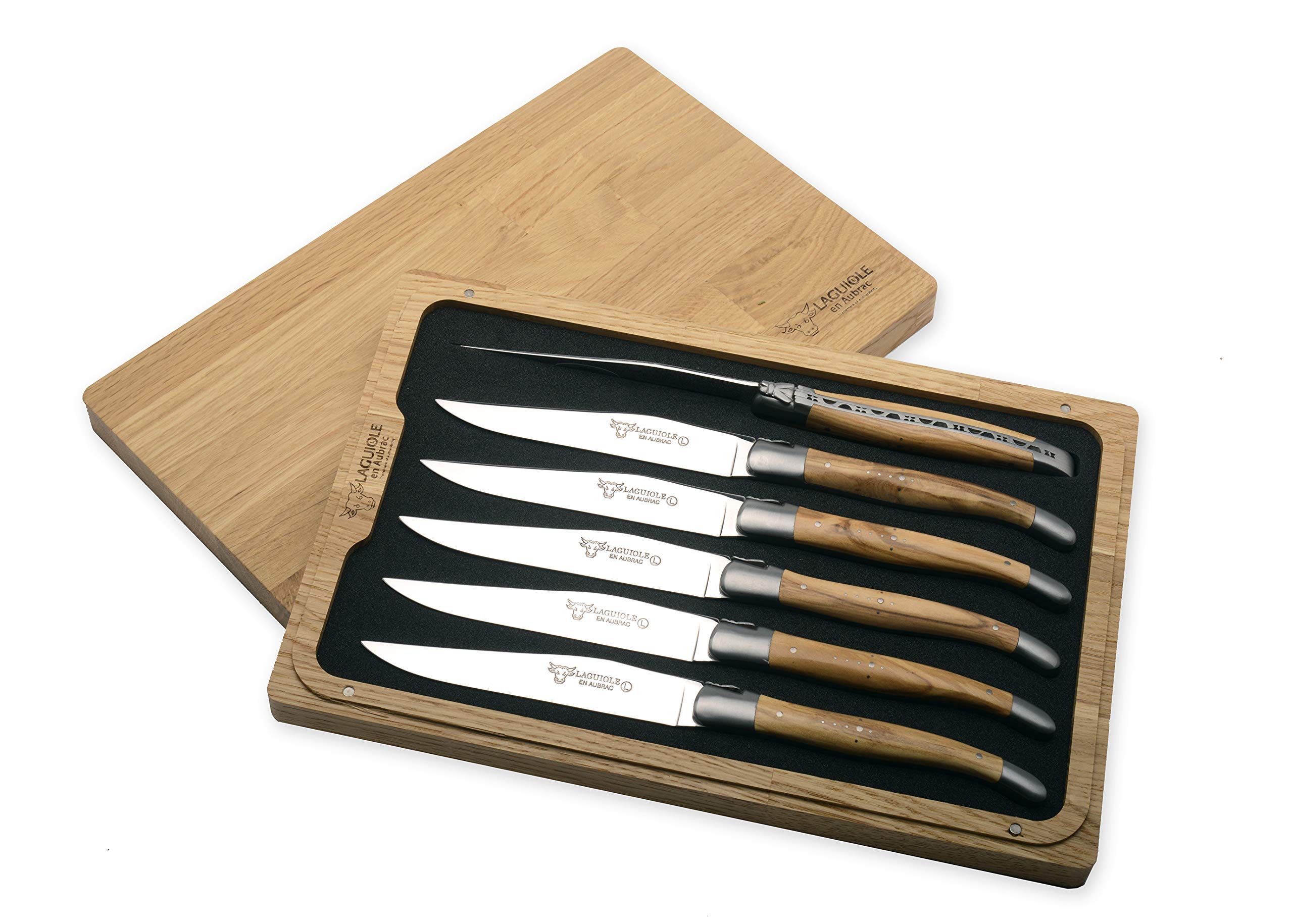 Laguiole en Aubrac Luxury Fully Forged Full Tang Stainless Steel Steak Knives 6-Piece Set with Olivewood Handle, Stainless Steel Matte Bolsters