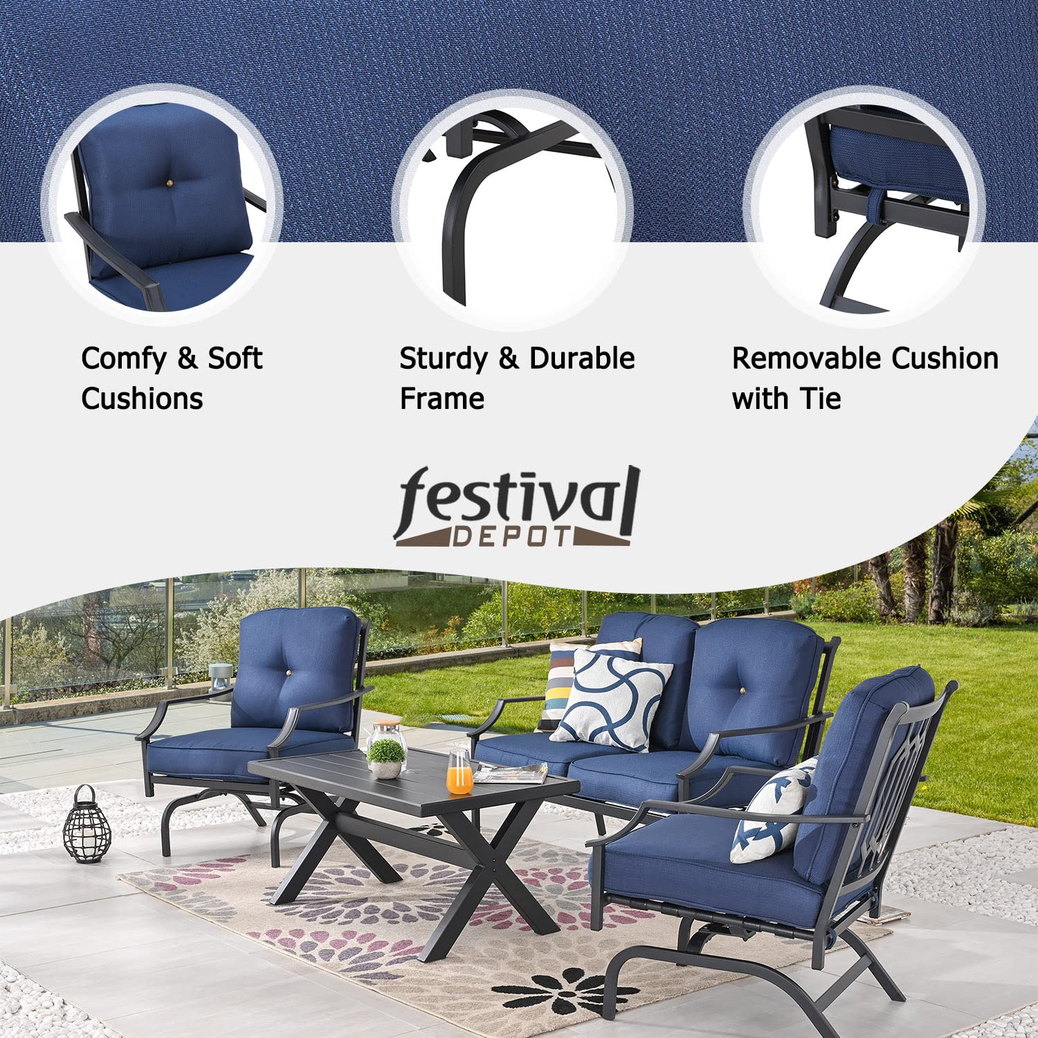 Festival Depot 4 pc Patio Conversation Set Metal Armchairs Loveseat and Coffee Table with Thick Cushions Outdoor Furniture for Garden Deck Bistro (Blue)