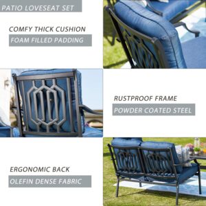 Festival Depot 4 pc Patio Conversation Set Metal Armchairs Loveseat and Coffee Table with Thick Cushions Outdoor Furniture for Garden Deck Bistro (Blue)