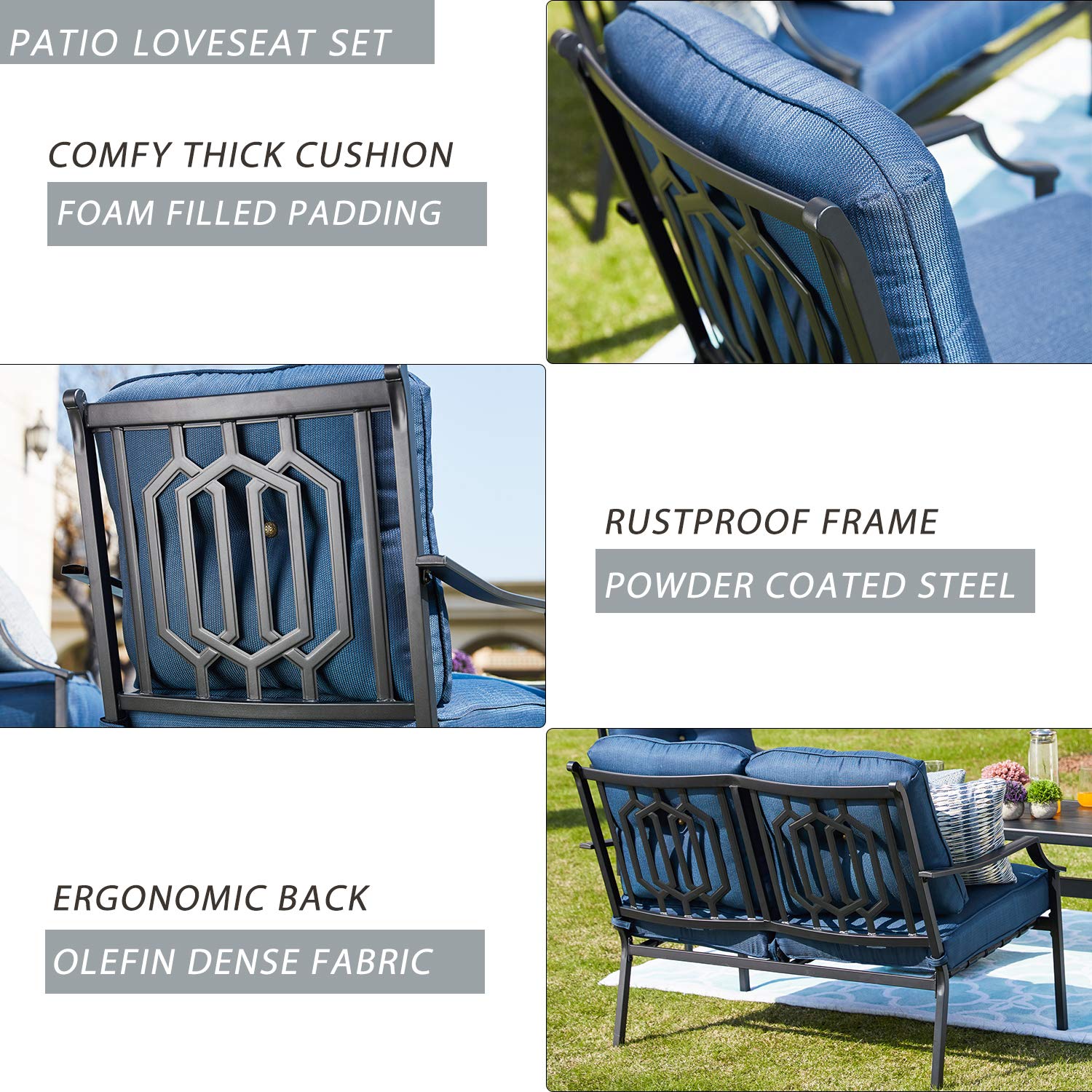 Festival Depot 4 pc Patio Conversation Set Metal Armchairs Loveseat and Coffee Table with Thick Cushions Outdoor Furniture for Garden Deck Bistro (Blue)