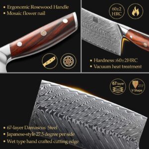 XINZUO Damascus Steel 7 Inch Cleaver Knife, Professional Butcher Knife Sharp Chinese Chef Knife Chopping Knife Kitchen Knife Vegetable, Ergonomic Rosewood Handle-Yi Series