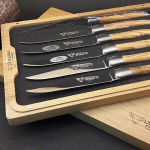 Laguiole en Aubrac Luxury Fully Forged Full Tang Stainless Steel Steak Knives 6-Piece Set with Olivewood Handle, Stainless Steel Matte Bolsters