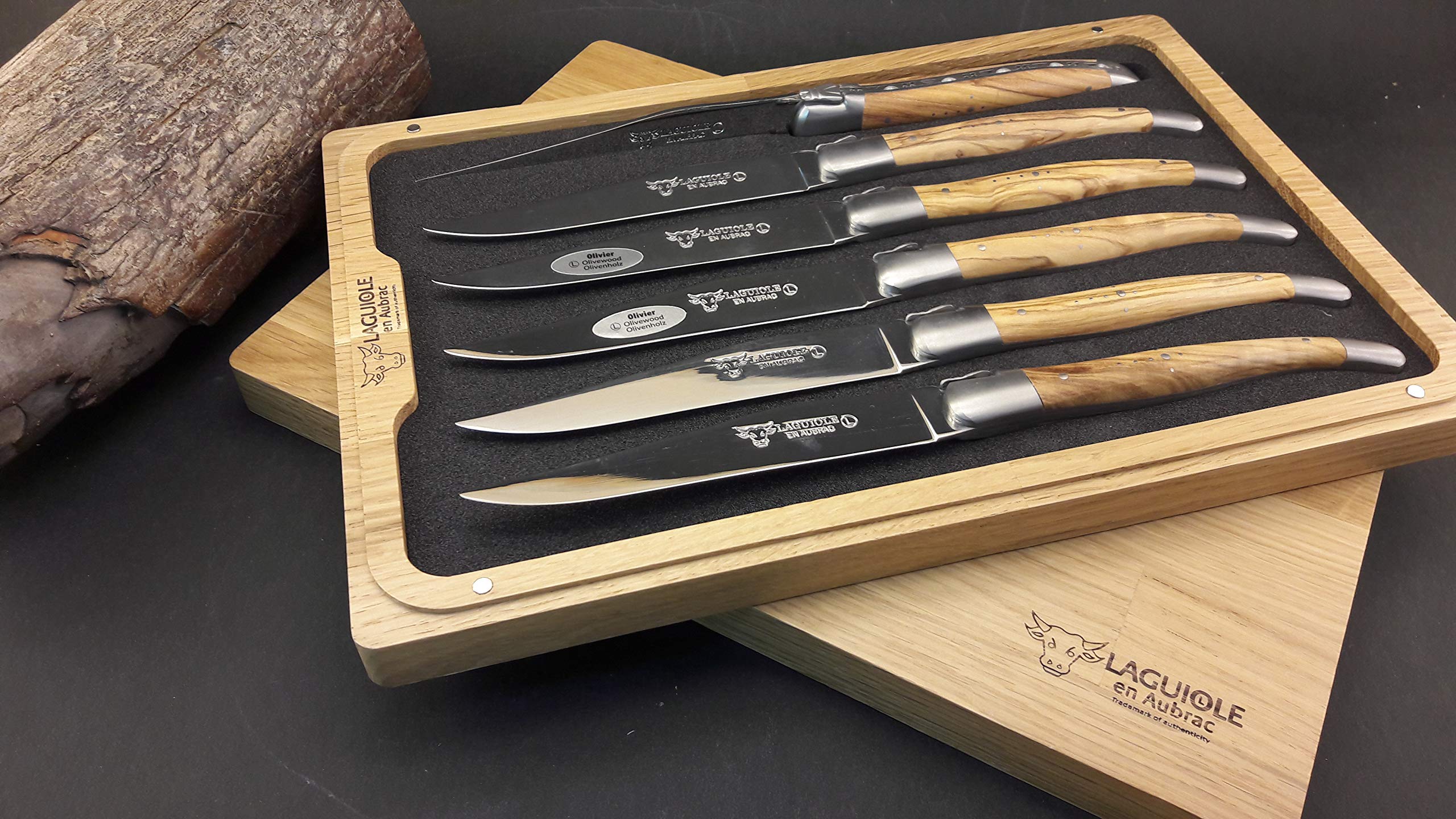 Laguiole en Aubrac Luxury Fully Forged Full Tang Stainless Steel Steak Knives 6-Piece Set with Olivewood Handle, Stainless Steel Matte Bolsters