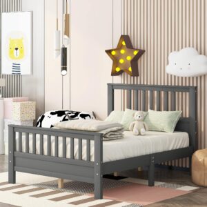 merax full bed frame,wood platform bed with headboard,full size bed frame for kids,no spring box needed (grey full bed)