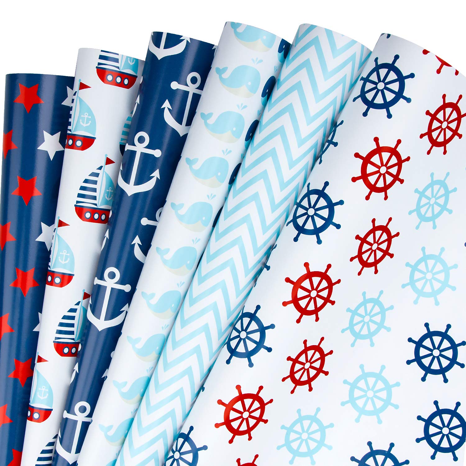 WRAPAHOLIC Wrapping Paper Sheet - Nautical Anchors Blue Design for Birthday, Holiday, Wedding, Baby Shower - 1 Roll Contains 6 Sheets - 17.5 inch X 39.3 inch Per Sheet