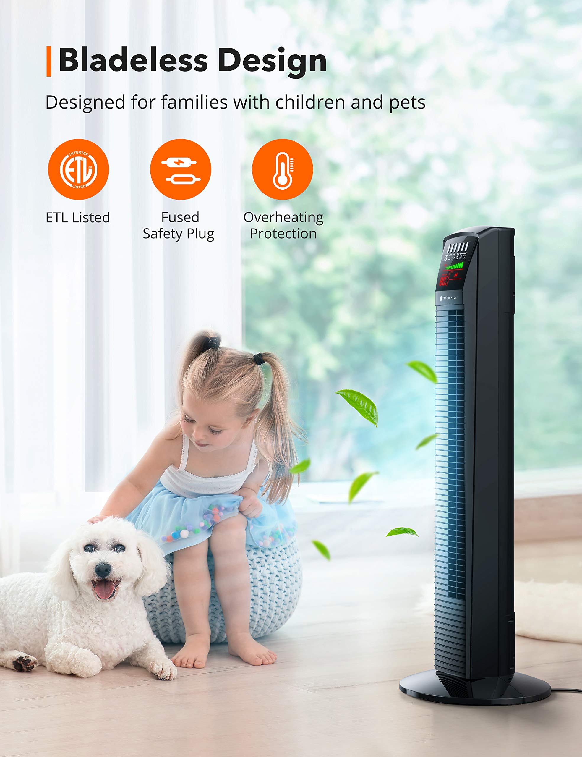 Tower Fan, 65°Oscillating Cooling Fan Powerful Floor Fan with Remote, LED Display, 9 Modes, Easy Clean, Up to 12H Timer, Bladeless Standing Fan Portable for the Whole Room Home Office