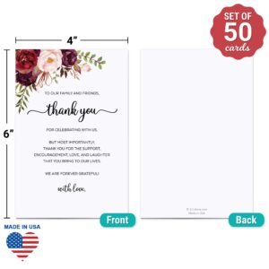 321Done Thank You Place Setting Cards, Made in USA - White 4x6, Watercolor Red Roses, Appreciation Notes for Wedding, Party, Retirement, Graduation, Birthday, Baby, Bridal Shower - Pack of 50