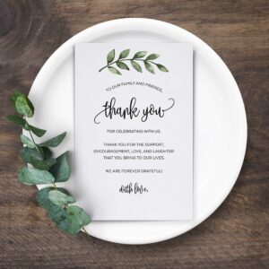 321Done Greenery Thank You Place Setting Cards, 4x6 White, Made in USA - Watercolor Green Leaves, Table Placecards for Wedding, Party, Retirement, Graduation, Birthday, Shower, Baby, Bridal, 50-Pack