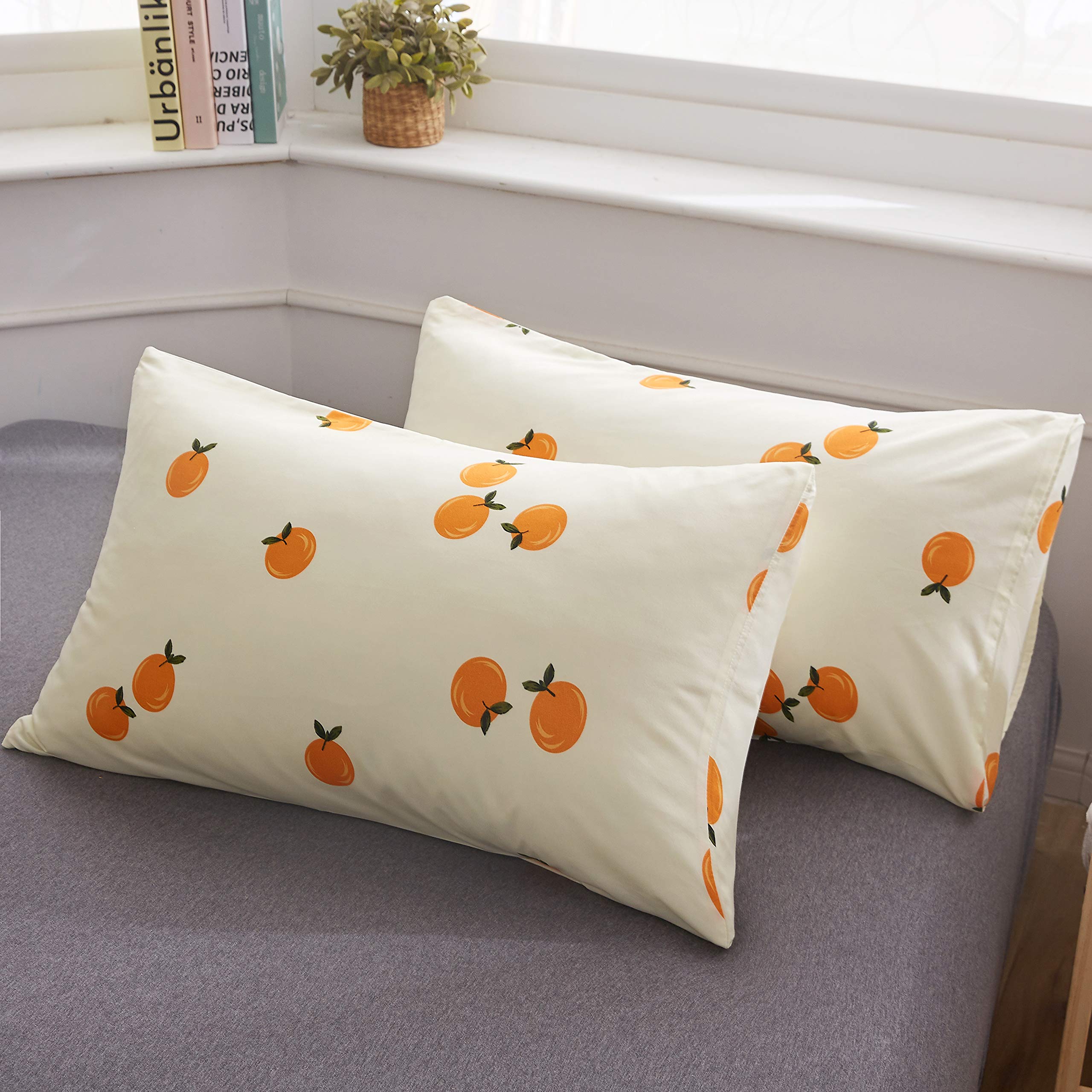 LAMEJOR Duvet Cover Set Queen Size Orange Tangerine Fruit Pattern Luxury Soft Bedding Set Comforter Cover (1 Duvet Cover+3 Pillowcases) Off-White