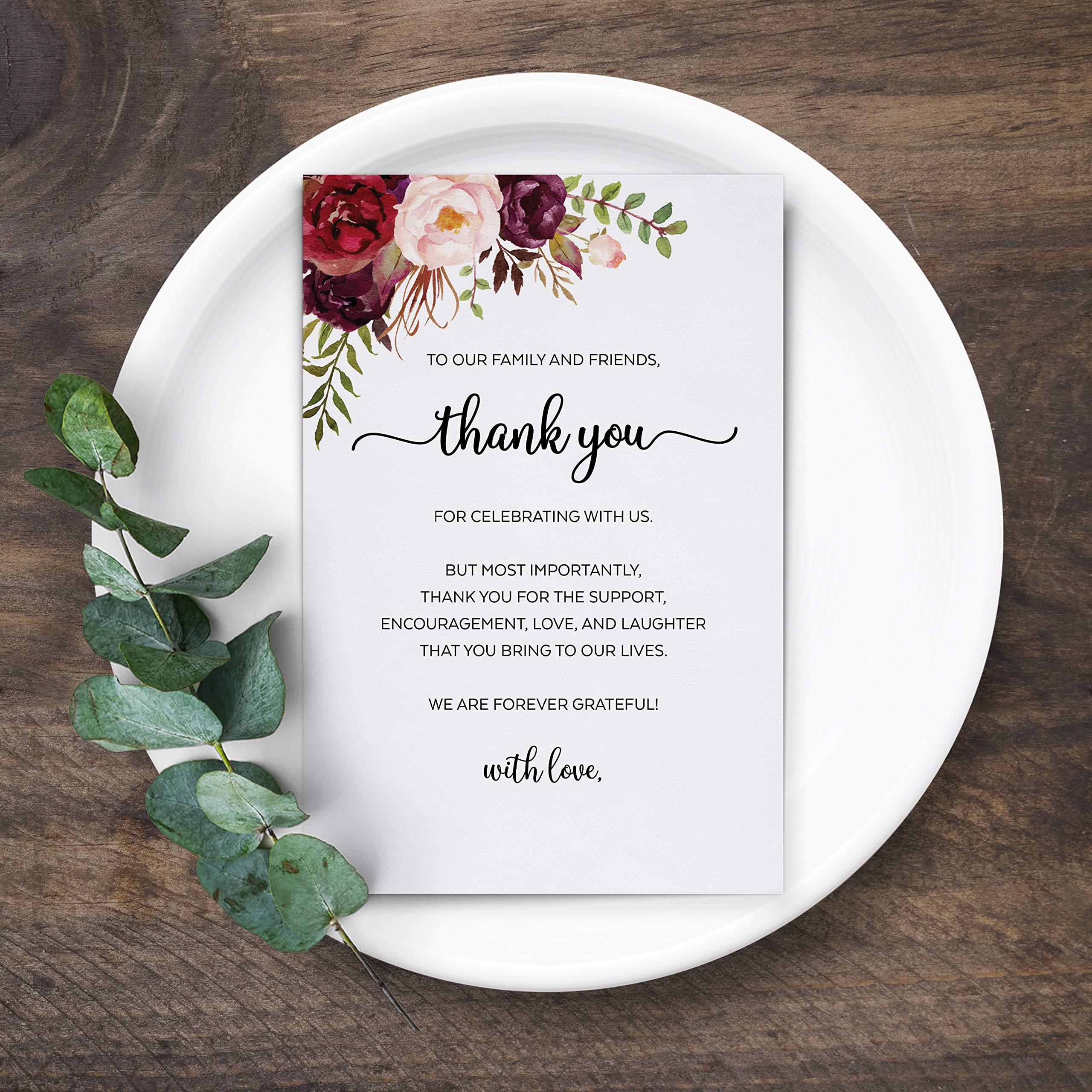 321Done Thank You Place Setting Cards, Made in USA - White 4x6, Watercolor Red Roses, Appreciation Notes for Wedding, Party, Retirement, Graduation, Birthday, Baby, Bridal Shower - Pack of 50