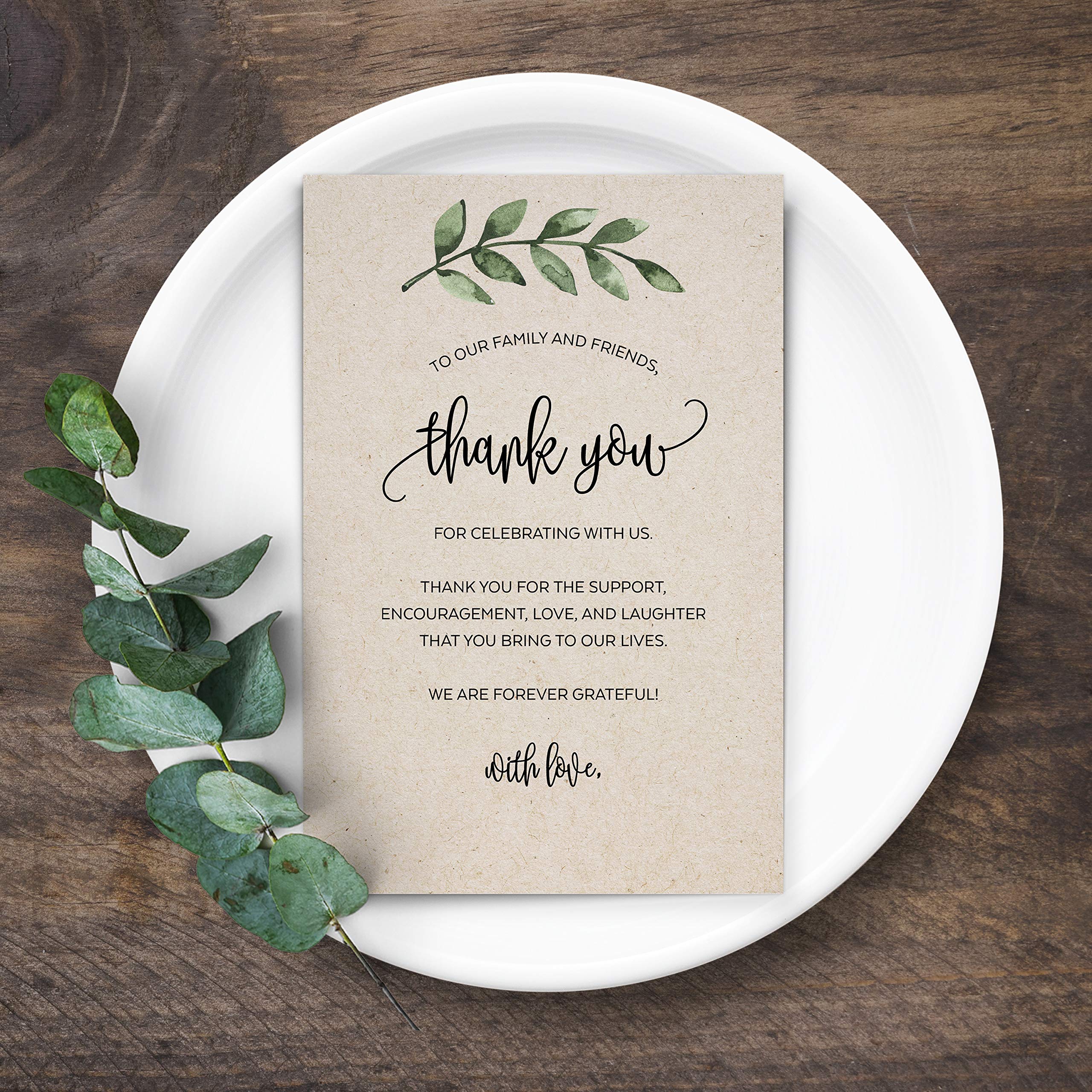 321Done 4x6 Greenery Thank You Place Setting Cards, Tan - Made in USA, Watercolor Green Leaves, Table Placecards for Wedding, Party, Retirement, Graduation, Birthday, Shower, Baby, Bridal - Set of 50