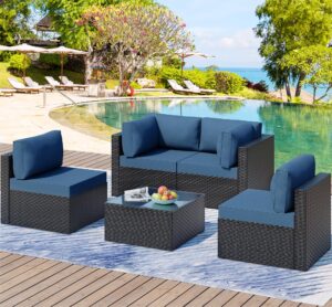 walsunny 5 pieces outdoor patio furniture set, all-weather rattan patio sectional sofa wicker conversation set with glass table and cushions(aegean blue)