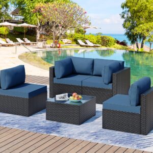 Walsunny 5 Pieces Outdoor Patio Furniture Set, All-Weather Rattan Patio Sectional Sofa Wicker Conversation Set with Glass Table and Cushions(Aegean Blue)