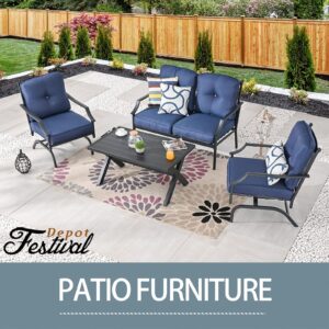 Festival Depot 4 pc Patio Conversation Set Metal Armchairs Loveseat and Coffee Table with Thick Cushions Outdoor Furniture for Garden Deck Bistro (Blue)