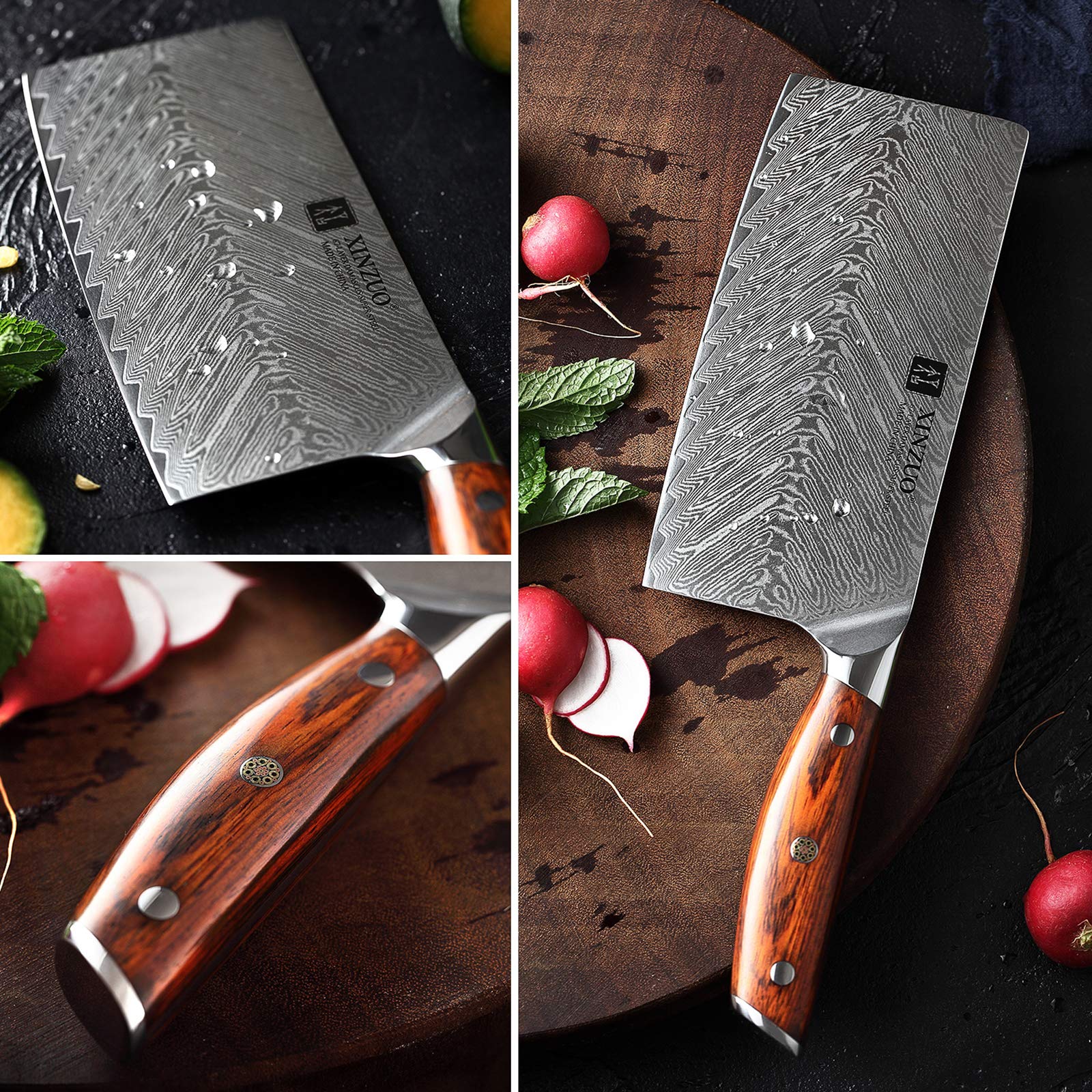 XINZUO Damascus Steel 7 Inch Cleaver Knife, Professional Butcher Knife Sharp Chinese Chef Knife Chopping Knife Kitchen Knife Vegetable, Ergonomic Rosewood Handle-Yi Series