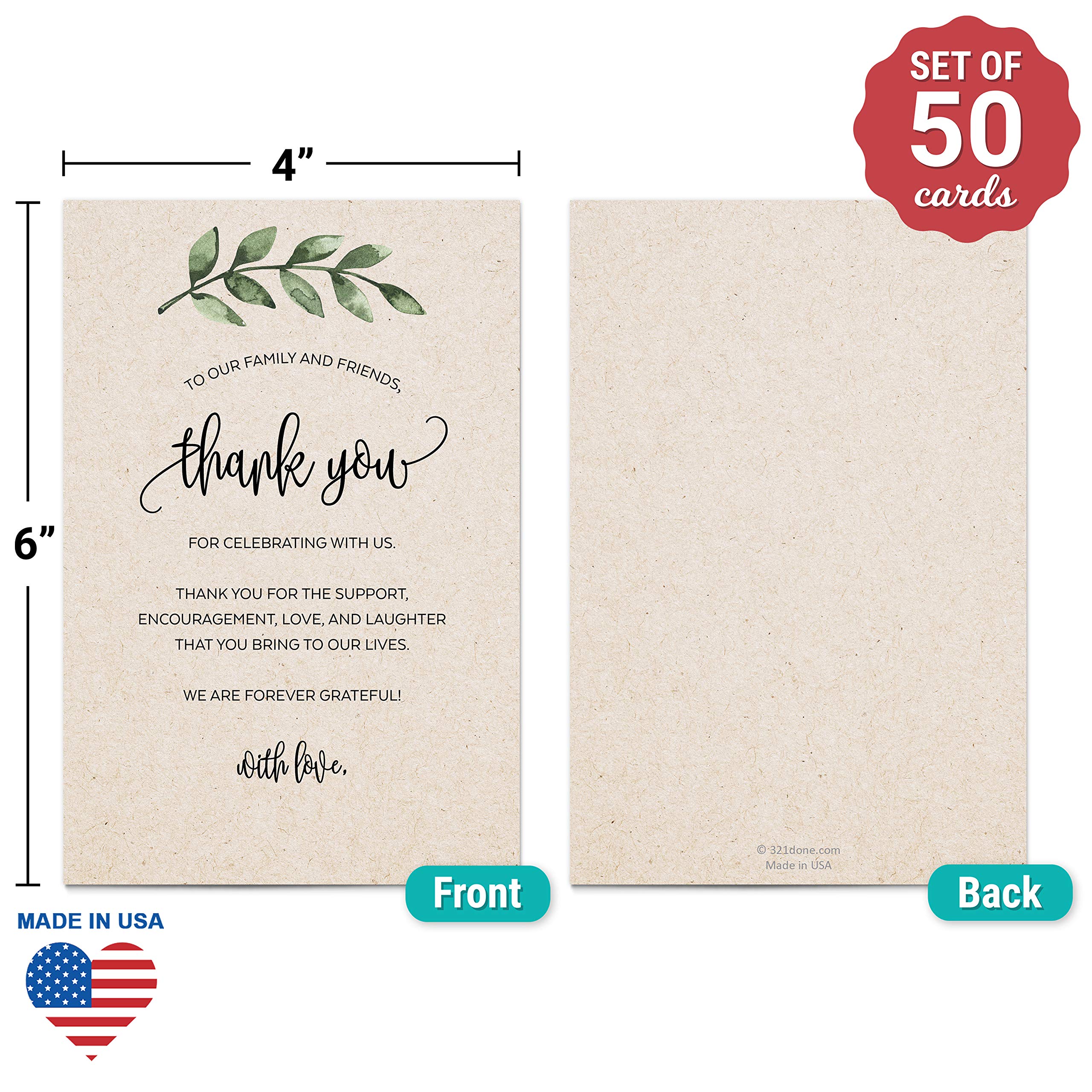 321Done 4x6 Greenery Thank You Place Setting Cards, Tan - Made in USA, Watercolor Green Leaves, Table Placecards for Wedding, Party, Retirement, Graduation, Birthday, Shower, Baby, Bridal - Set of 50