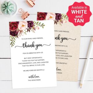 321Done Thank You Place Setting Cards, Made in USA - White 4x6, Watercolor Red Roses, Appreciation Notes for Wedding, Party, Retirement, Graduation, Birthday, Baby, Bridal Shower - Pack of 50