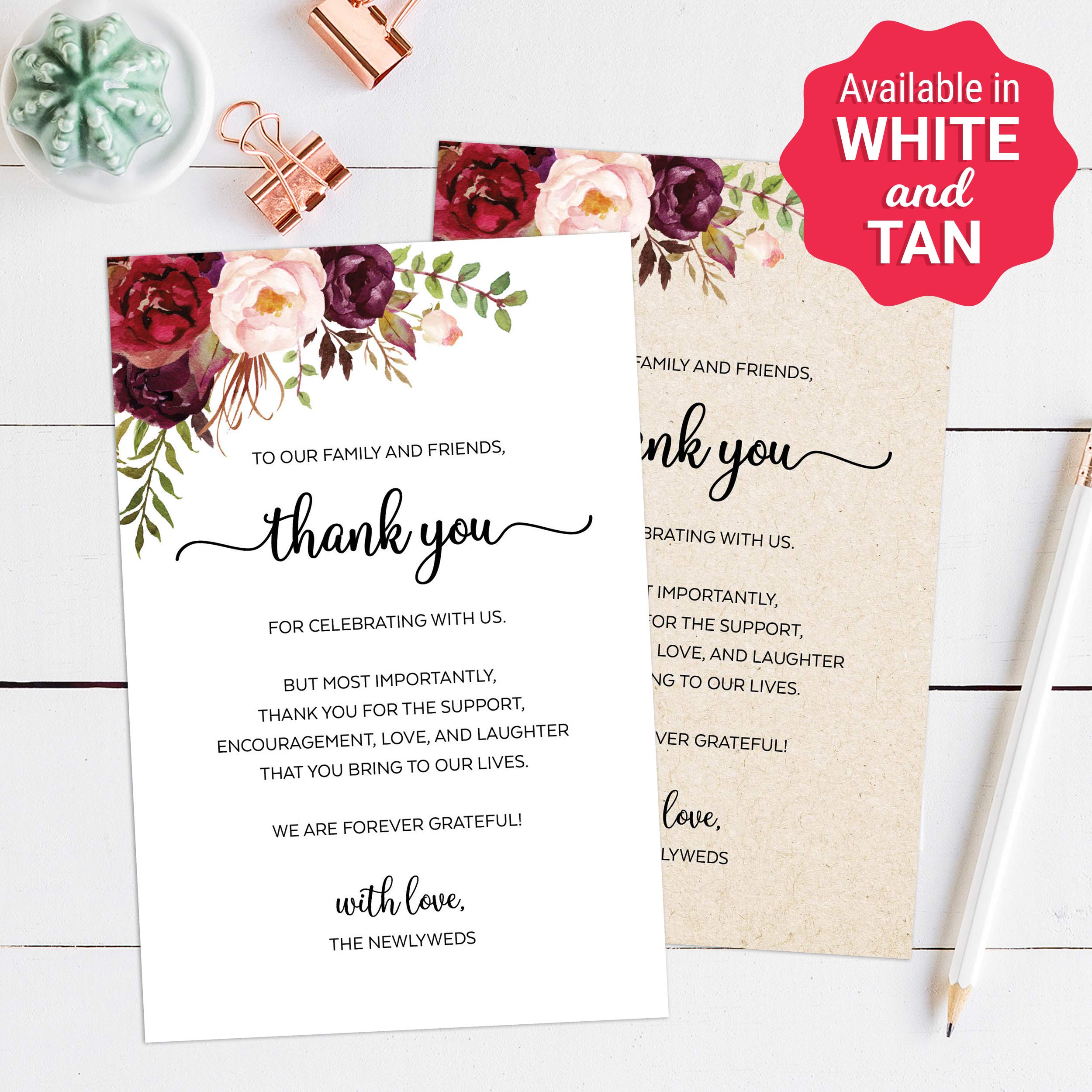 321Done Thank You Place Setting Cards, Made in USA - White 4x6, Watercolor Red Roses, Appreciation Notes for Wedding, Party, Retirement, Graduation, Birthday, Baby, Bridal Shower - Pack of 50