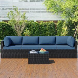 Walsunny 5 Pieces Outdoor Patio Furniture Set, All-Weather Rattan Patio Sectional Sofa Wicker Conversation Set with Glass Table and Cushions(Aegean Blue)