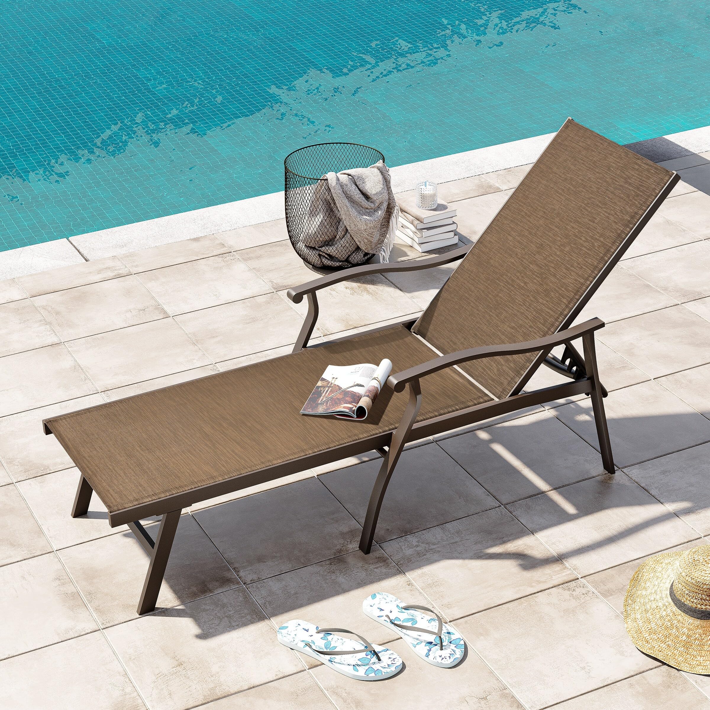 Crestlive Products Chaise Lounge Chair Outdoor with Armrest, Pool Lounge Chairs, Aluminum with Adjustable 5 Backrest for Patio, Poolside, Yard, Deck, Backyard (Brown)