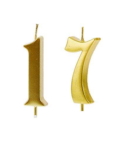 Bailym Gold 17th Birthday Candles, Number 17 Cake Topper for Birthday Decorations