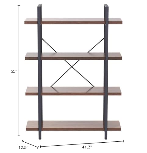 BELLEZE 4 Tier Modern Rustic Industrial Bookshelf, Open Wide Office Etagere Book Shelf, Wood and Metal Bookcases with Storage Display Rack - Hazel (Dark Walnut)