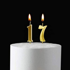 Bailym Gold 17th Birthday Candles, Number 17 Cake Topper for Birthday Decorations