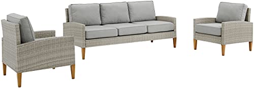 Crosley Furniture Capella 3-Piece Outdoor Sofa Patio Furniture Set, Wicker Conversation Sets for Porch, Acorn with Gray Cushions