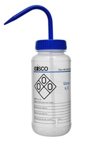 eisco wash bottle for water, 500ml - labeled with color coded chemical & safety information (2 color) - wide mouth, self venting, polypropylene - performance plastics labs