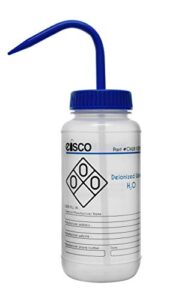 eisco wash bottle for deionized water, 500ml - labeled with color coded chemical & safety information (2 color) - wide mouth, self venting, polypropylene - performance plastics labs