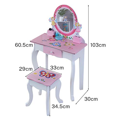 Wooden Vanity Table and Chair Set Kids Vanity Set with Mirror Children Princess Makeup Dressing Table with Stool and Storage Shelves for Girl(Pink)