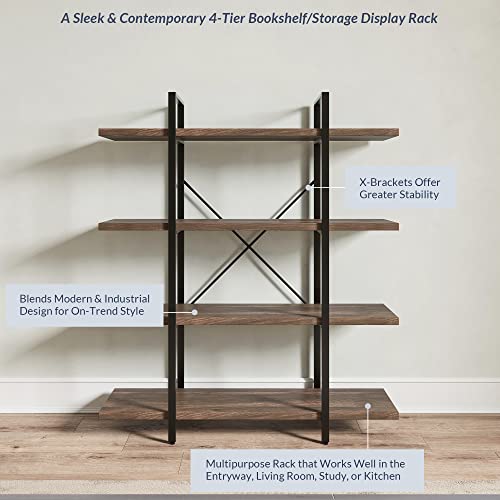 BELLEZE 4 Tier Modern Rustic Industrial Bookshelf, Open Wide Office Etagere Book Shelf, Wood and Metal Bookcases with Storage Display Rack - Hazel (Dark Walnut)