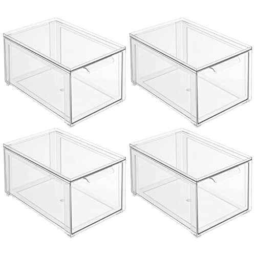 mDesign Plastic Stackable Closet Storage Organizer Bins with Pull Out Drawer for Cabinet, Desk, Shelf, Cupboard, or Dresser Organization - Lumiere Collection - 4 Pack - Clear