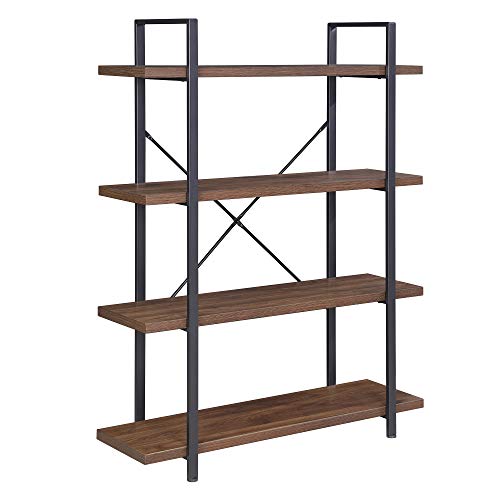 BELLEZE 4 Tier Modern Rustic Industrial Bookshelf, Open Wide Office Etagere Book Shelf, Wood and Metal Bookcases with Storage Display Rack - Hazel (Dark Walnut)