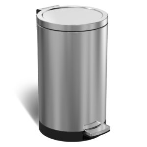 simplykleen 30 liter / 8 gallon round step trash can, quiet lid close soft step pedal garbage bin for kitchen, bathroom, office, brushed stainless steel