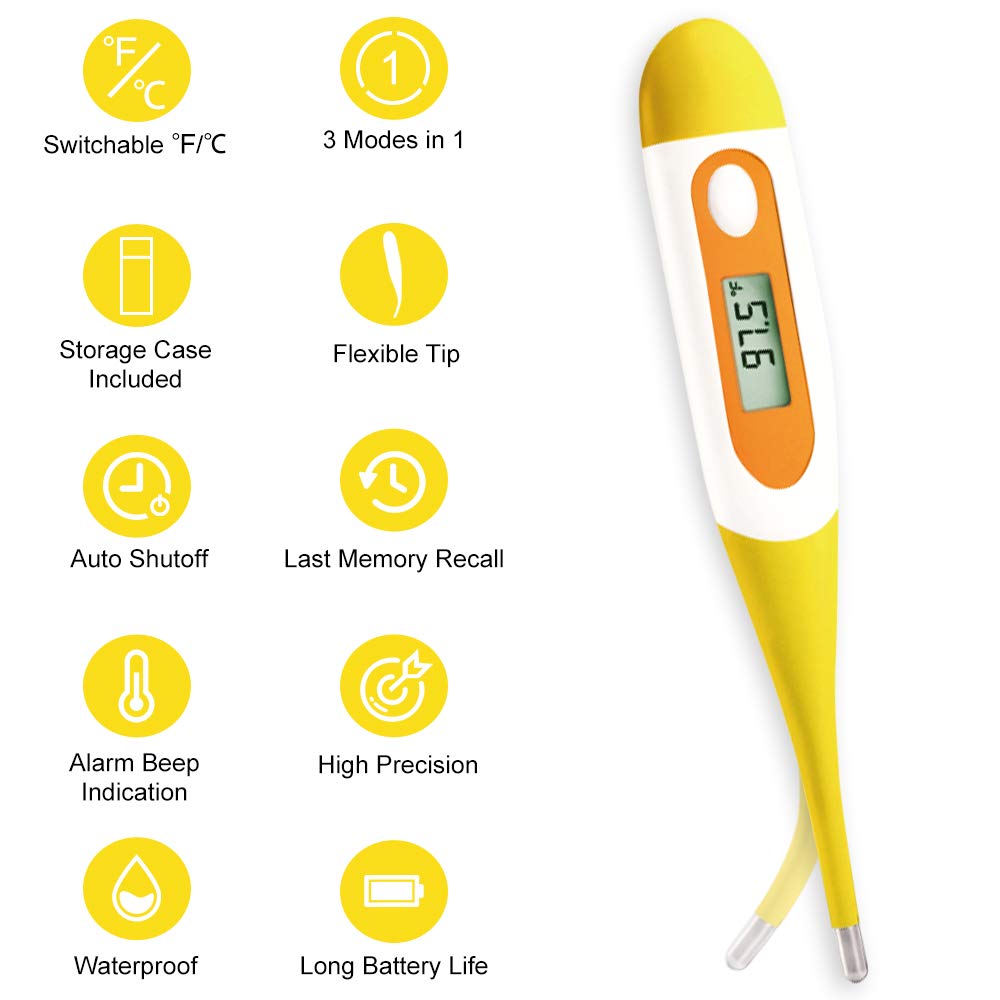 Digital Oral Thermometer for Adults Baby Infant Thermometer,Easy@Home Medical Thermometer,Basal Body Temperature Thermometer for Rectal Mouth Underarm with Fever Alarm EMT-021-Yellow