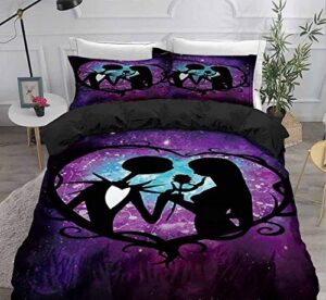 vankie nightmare before christmas duvet cover sets, jack and sally valentine's day rose decor, 100% microfiber galaxy bedding set with pillow shams 3pcs bedding, no comforter king size