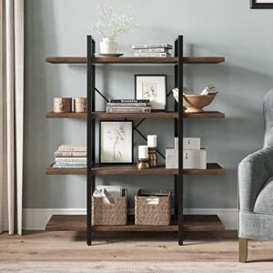 belleze 4 tier modern rustic industrial bookshelf, open wide office etagere book shelf, wood and metal bookcases with storage display rack - hazel (dark walnut)