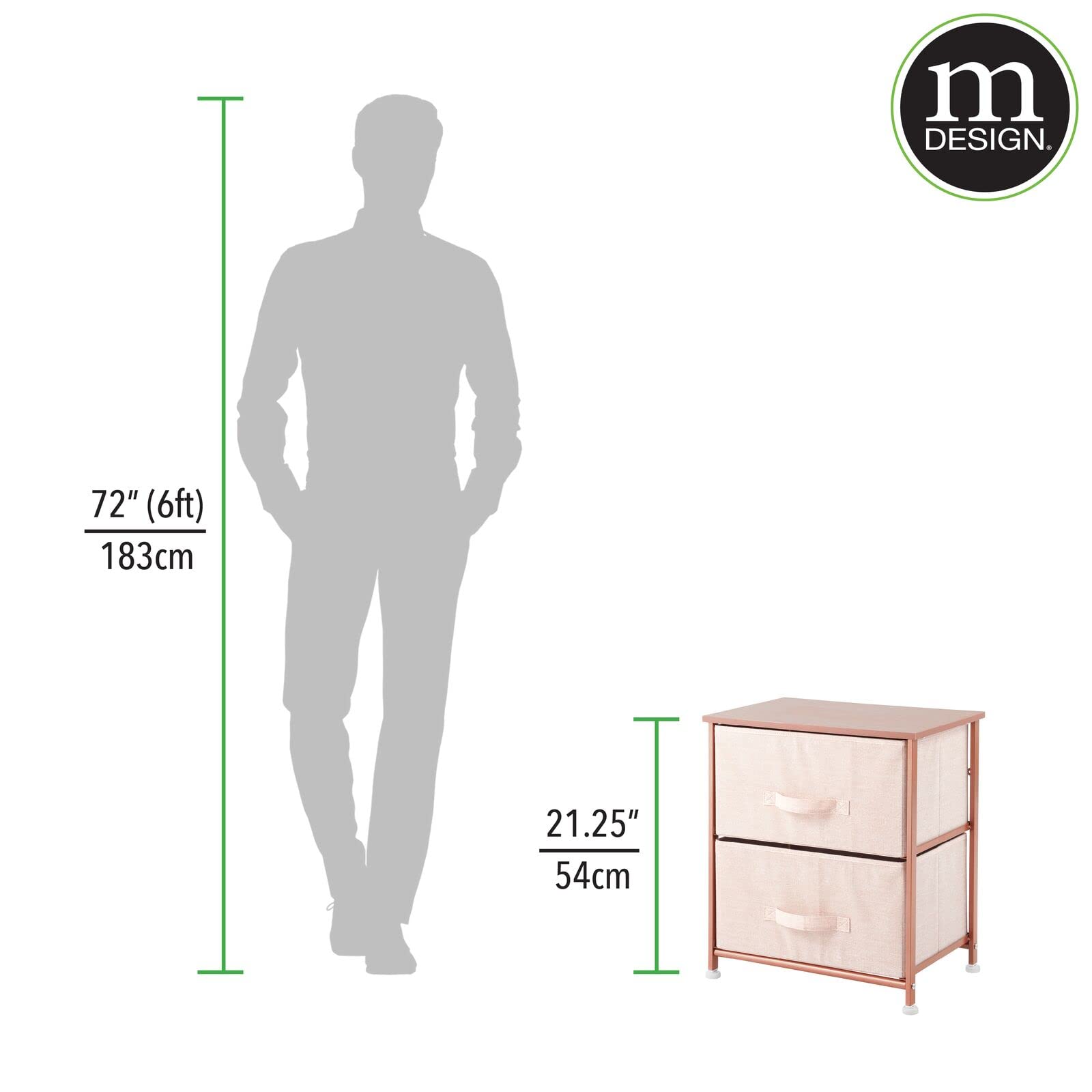 mDesign Small Storage Dresser End/Side Table Night Stand with 2 Removable Fabric Drawers - Organizer for Bedroom, Living Room, Closet - Hold Clothes, Accessories, Lido Collection, Light Pink/Rose Gold