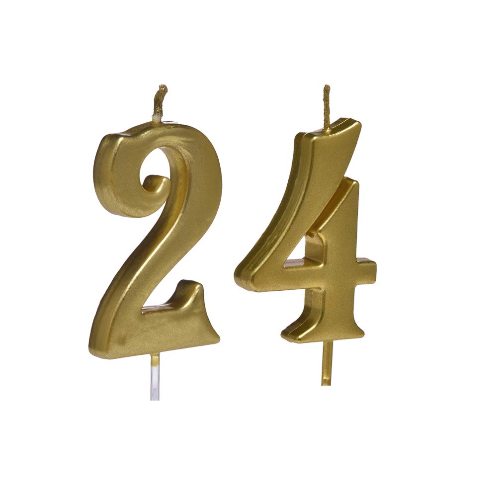 Bailym Gold 24th Birthday Candles, Number 24 Cake Topper for Birthday Decorations