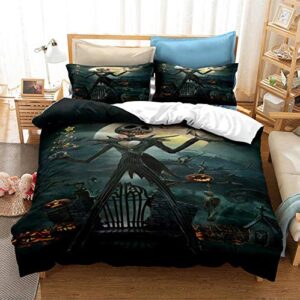 Vankie Nightmare Before Christmas Bedding Set 3D Skull Duvet Cover Set Jack Skellington, Soft 100% Microfiber Bed Set 3PCS, 1 Duvet Cover, 2 Pillowcase, No Comforter Full Size