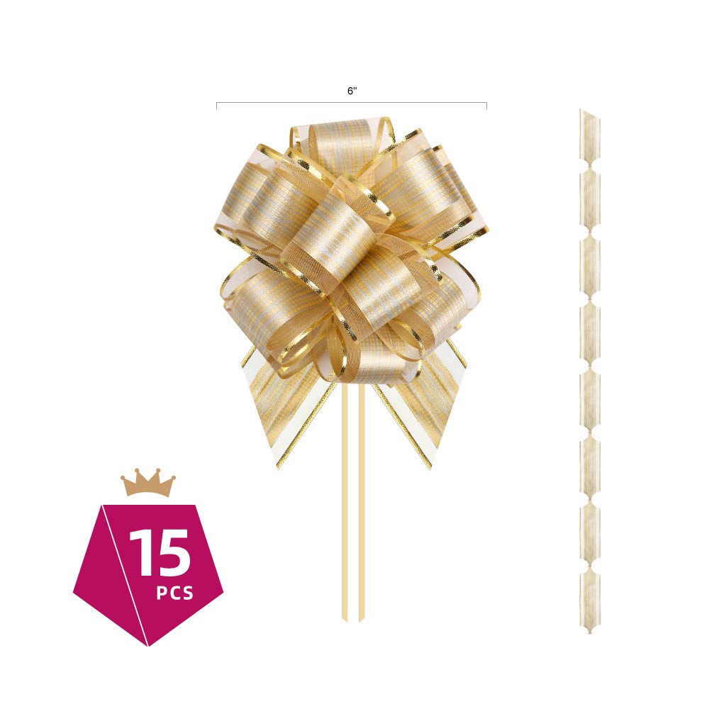 PACKQUEEN 15 Gold Gift Bows Large, 6 inches, Gift Pull Bows for Presents, Christmas Gift Bows Bulk for Baskets