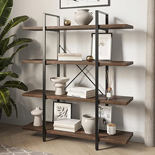 BELLEZE 4 Tier Modern Rustic Industrial Bookshelf, Open Wide Office Etagere Book Shelf, Wood and Metal Bookcases with Storage Display Rack - Hazel (Dark Walnut)