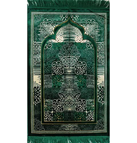 Modefa Turkish Islamic Prayer Rug | Soft Velvet Janamaz Praying Carpet | Muslim Praying Mat for Men & Women Ramadan or Eid | with Car Hanger | Classic Elegant Swirl (Green)