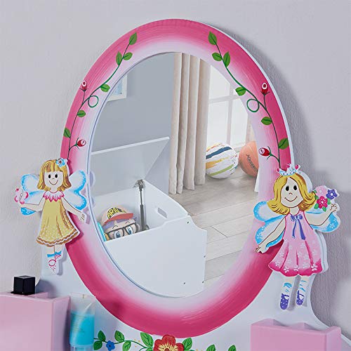 Wooden Vanity Table and Chair Set Kids Vanity Set with Mirror Children Princess Makeup Dressing Table with Stool and Storage Shelves for Girl(Pink)