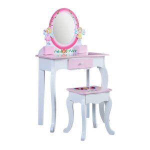 wooden vanity table and chair set kids vanity set with mirror children princess makeup dressing table with stool and storage shelves for girl(pink)