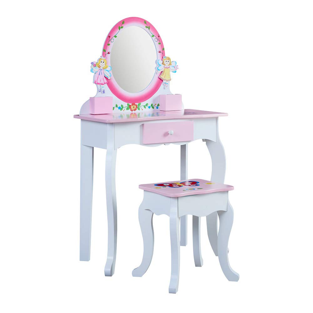 Wooden Vanity Table and Chair Set Kids Vanity Set with Mirror Children Princess Makeup Dressing Table with Stool and Storage Shelves for Girl(Pink)