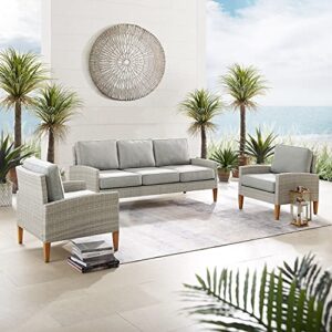 Crosley Furniture Capella 3-Piece Outdoor Sofa Patio Furniture Set, Wicker Conversation Sets for Porch, Acorn with Gray Cushions